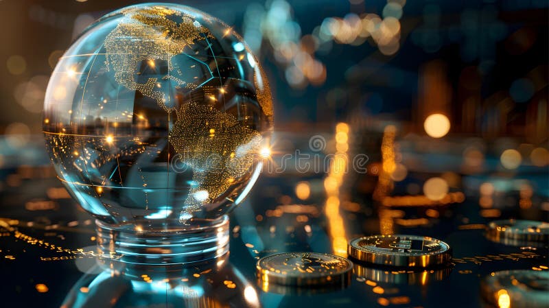 Double Exposure of Coins Stack and Earth Globe on Dark Background ...