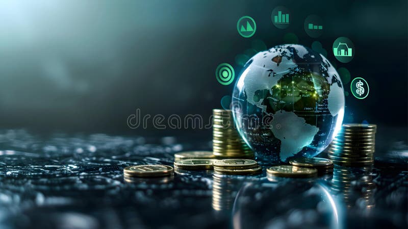 Double Exposure of Coins Stack and Earth Globe on Dark Background ...