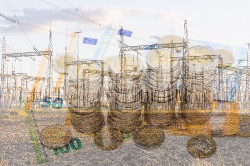 Double Exposure of Coins Stack with Electric Towers. Growing ...