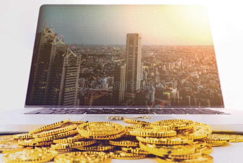 Double Exposure on Computer with Gold for Business. Stock Photo - Image ...