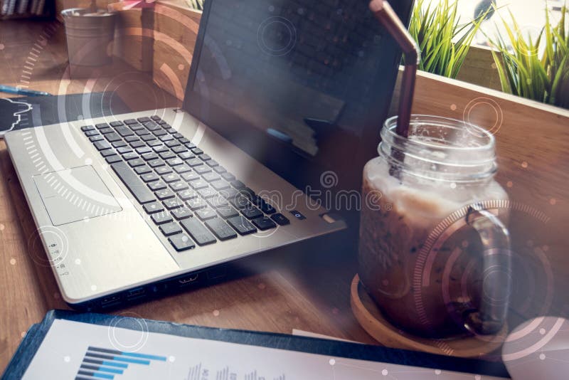 Double Exposure of Computer on the Table Inside Coffee Shop. Stock ...