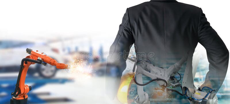 Double Exposure Concept Industrial Engineer Robot Working Control Stock ...