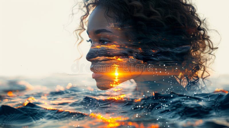 Double Exposure Concept of Womans Profile Blended with Ocean Waves and ...