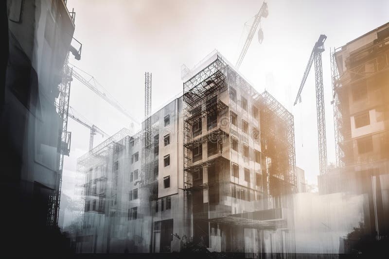 Double Exposure of Construction Site with Building and Crane, Abstract ...