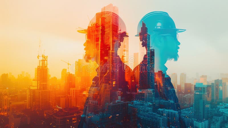 Double Exposure of a Construction Worker with a Cityscape Background ...