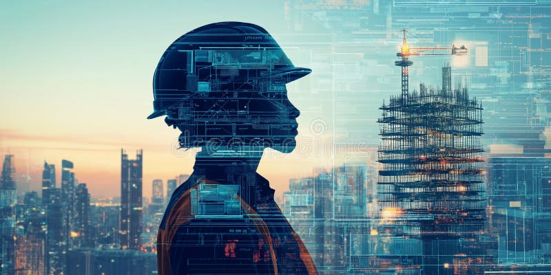 Double Exposure of Construction Worker and Modern Technology . Stock ...