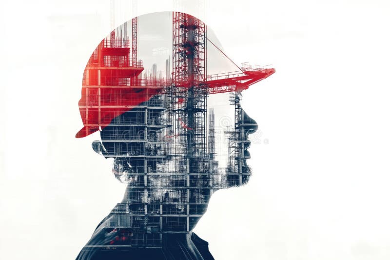 Construction Worker Thinking about Building Project Double Exposure ...