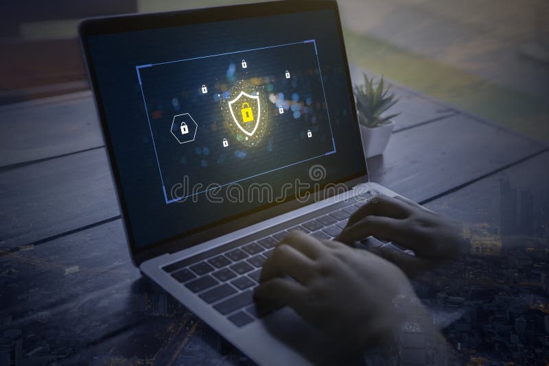 Double Exposure with Cyber Security Protectors Concept. Stock Photo ...