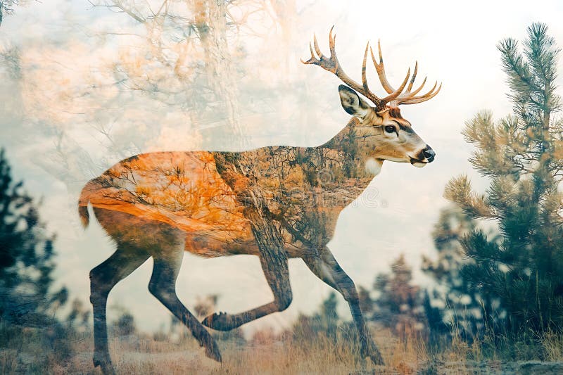 Double Exposure of a Deer Running through a Forest Stock Illustration ...