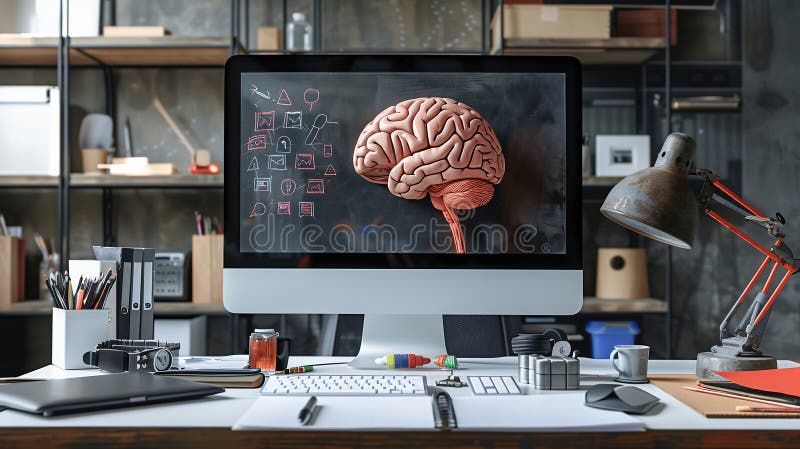 Double Exposure of Desktop with Computer and Brain Drawing Hologram ...