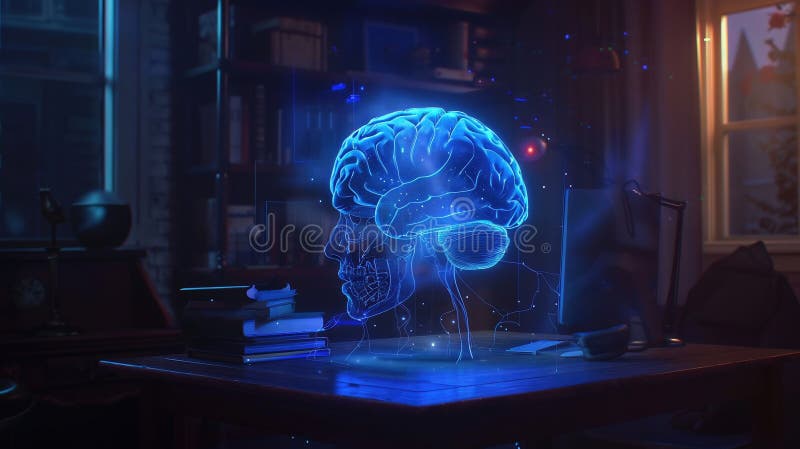 Double Exposure of Desktop with Computer and Brain Drawing Hologram ...