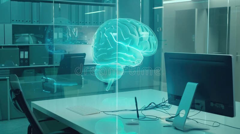 Double Exposure of Desktop with Computer and Brain Drawing Hologram ...