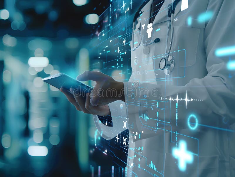 Double Exposure of Doctor Working with Modern Virtual Screen Interface ...