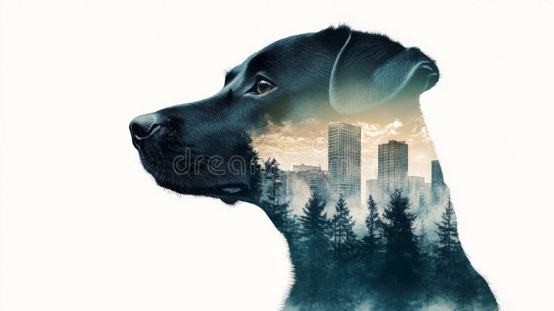 Double Exposure Dog with Cityscape and Forest Stock Illustration ...
