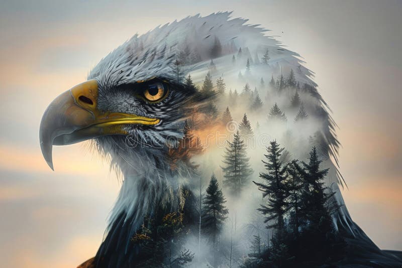 Double Exposure Effect Image of Eagle and Forest Beautiful Collage ...
