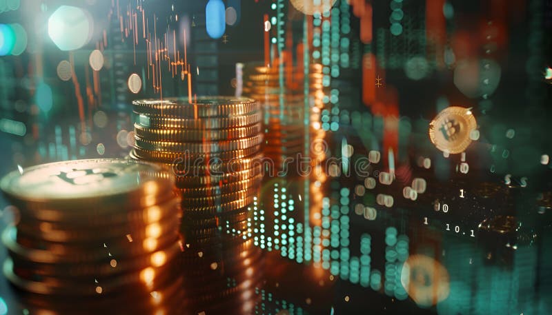 Double Exposure of Electronic Trading Platform and Stacked Coins. Stock ...