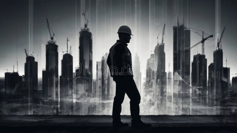Double Exposure of an Engineer Against a Cityscape and Construction ...
