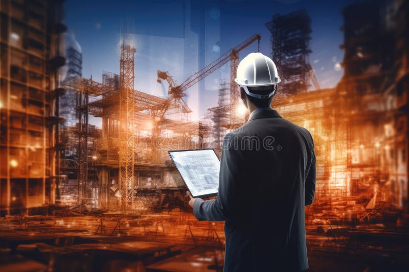 Double Exposure of Engineer or Architect Working on Construction Site ...