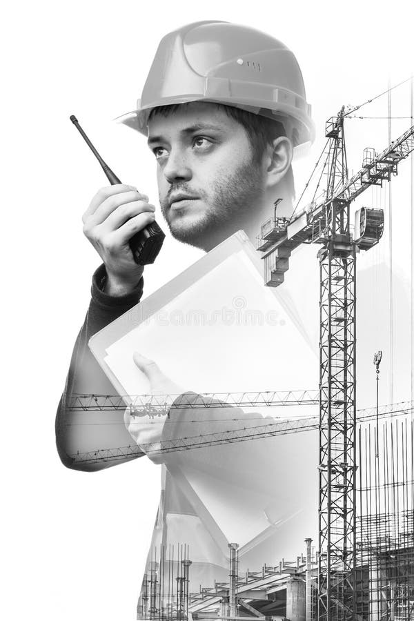 Double Exposure of Engineer and Building Under Construction. Stock ...