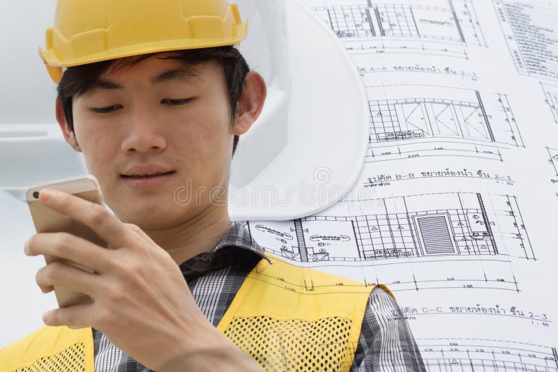 Double Exposure Engineer or Foreman Using Smart Phone in Her Job with ...