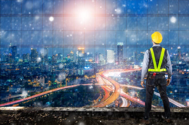 Double Exposure of Engineer Holding Yellow Helmet Stock Image - Image ...