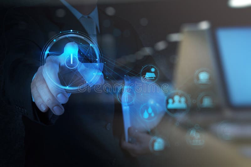 Double Exposure of Engineer Pushing Start Button on Touch Screen Stock ...