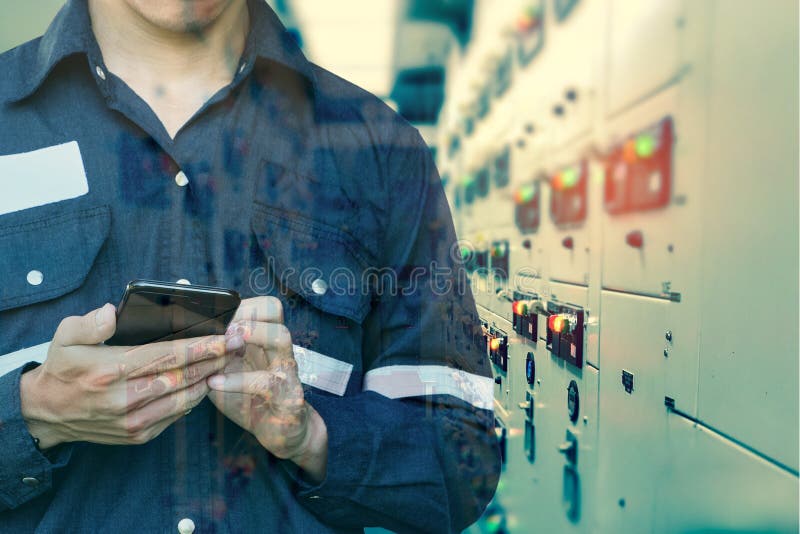 Double Exposure of Engineer or Technician Man Using Smart Phone Stock ...