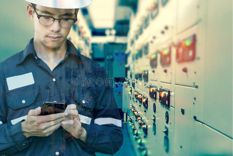 Double Exposure of Engineer or Technician Man Using Smart Phone Stock ...