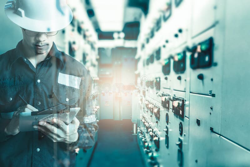 Double Exposure of Engineer or Technician Man Working with Tabl Stock ...