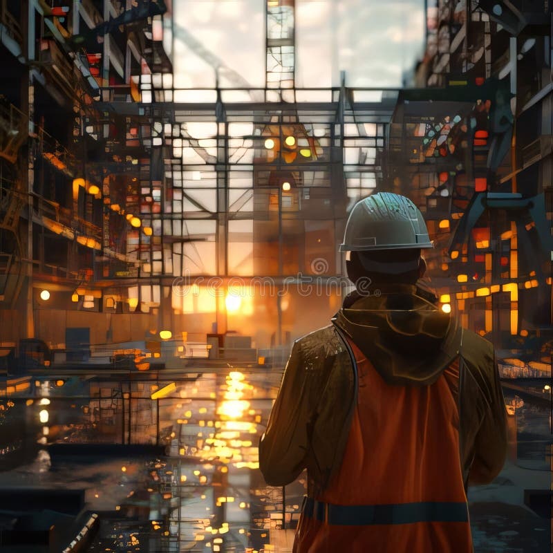 Double Exposure of Engineer Working on Construction Site at Night ...