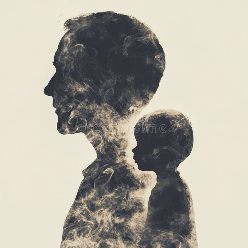 Double Exposure of Father and Child Profiles with Smoke Effect Stock ...