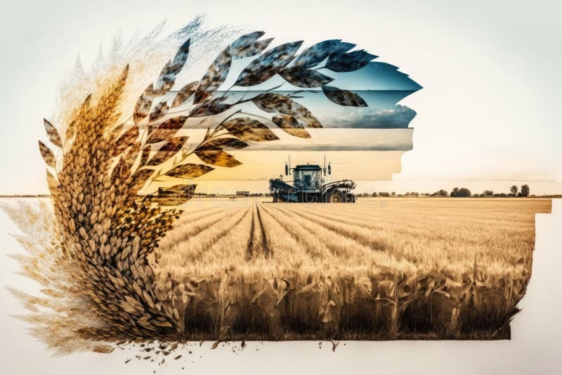 Double-exposure of Field of Wheat in Full Bloom and Harvesting Process ...
