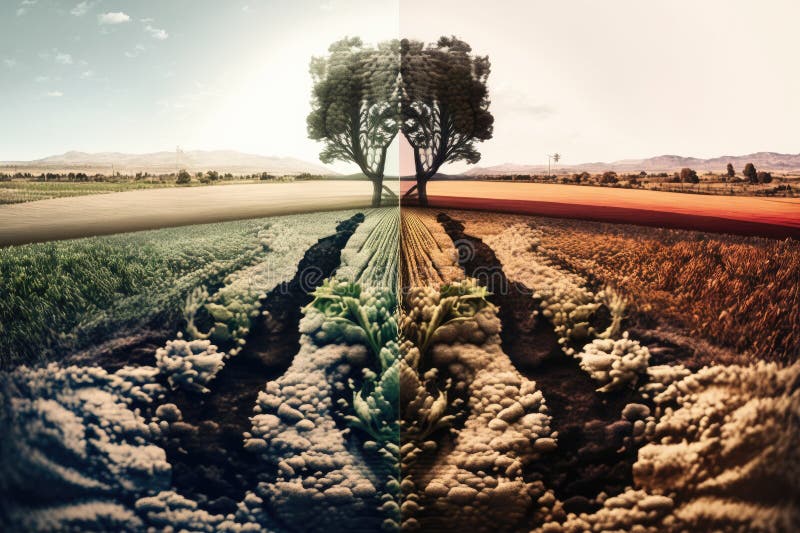 Double-exposure of Fields of Crops Growing Side by Side, with One Field ...