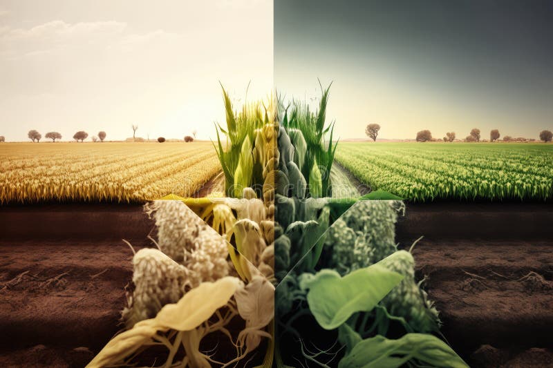 Double-exposure of Fields of Crops Growing Side by Side, with One Field ...