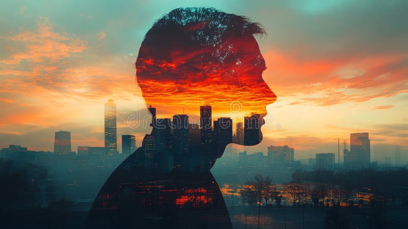 Double Exposure of a Figure with a City Skyline at Sunset Creating a ...