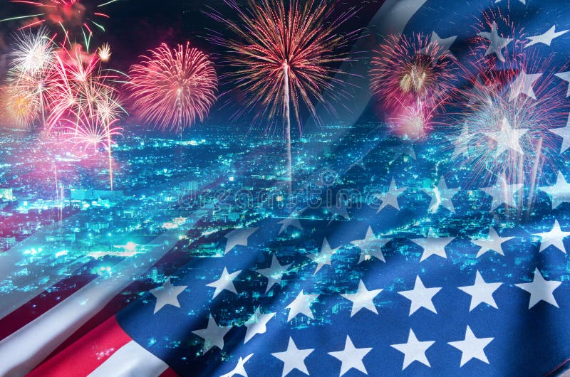 Double Exposure of Fireworks Over Night City and USA Flag Stock Image ...