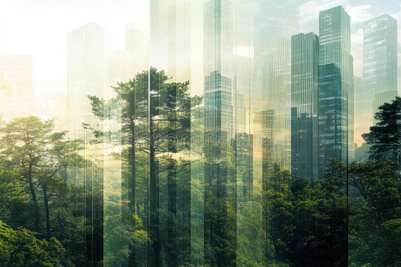 Double Exposure of a Forest Overlapping a City Skyline Stock ...