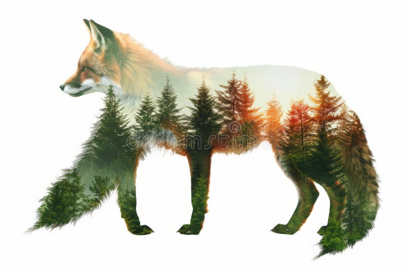 Double Exposure Fox Silhouette with a Beautiful Green Forest Landscape ...