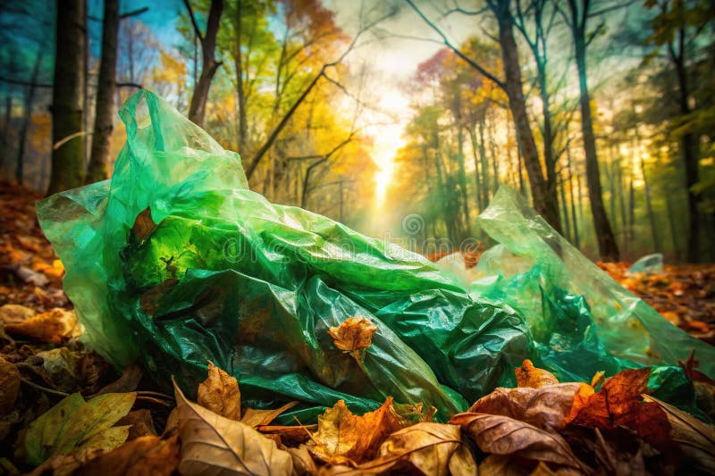 Double Exposure Green Plastic Bags Entwined with Natures Decay a ...
