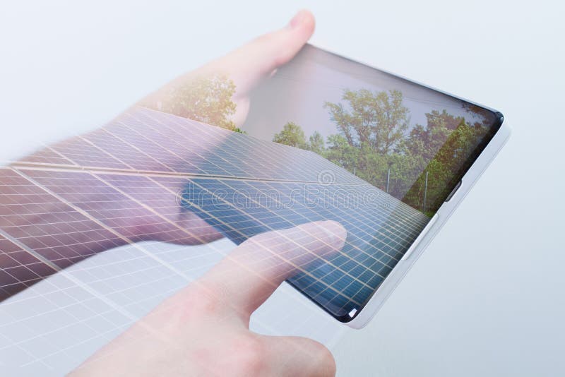 Double Exposure, Hand Holding Digital Tablet, Solar Panels on Sc Stock ...