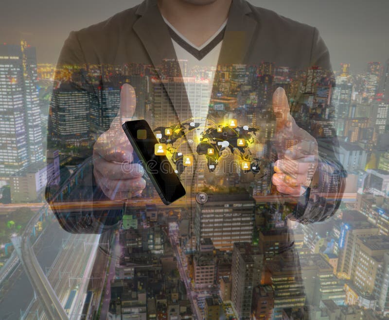 Double Exposure of Hand Holding Phone Show Social Network Stock Photo ...
