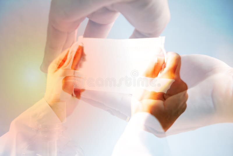 Double Exposure Hand Scientist with Surgical Mask and Alcohol Gel Stock ...