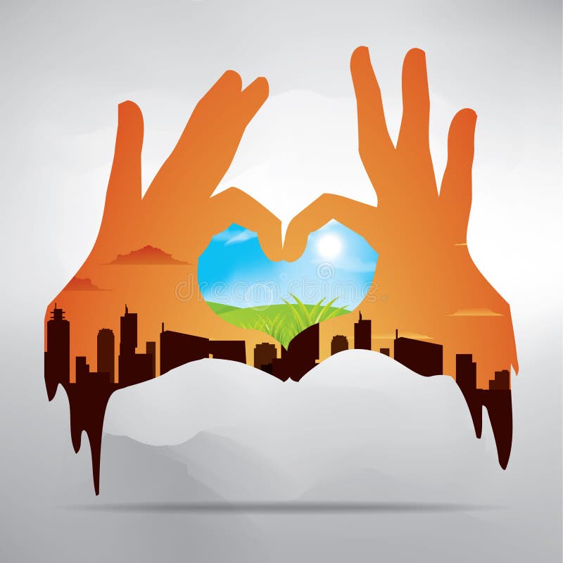 Double Exposure of Hands and Nature. Vector Illustration Decorative ...