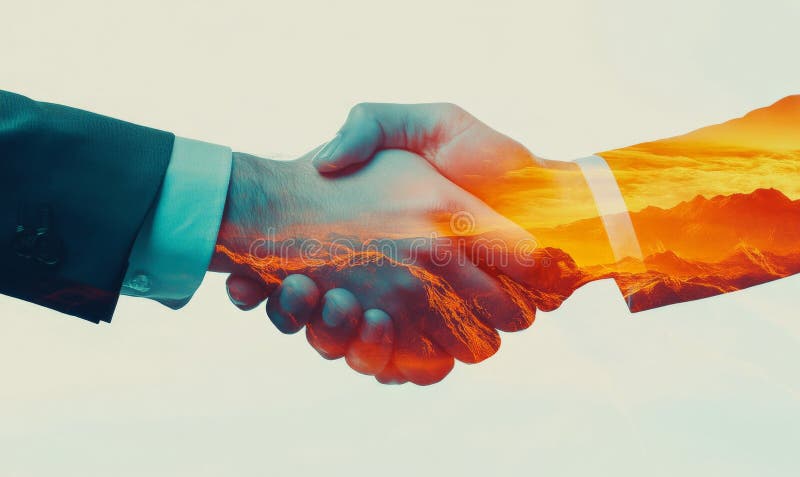 Double Exposure of a Handshake with a Sunset Reflecting on Mountains ...