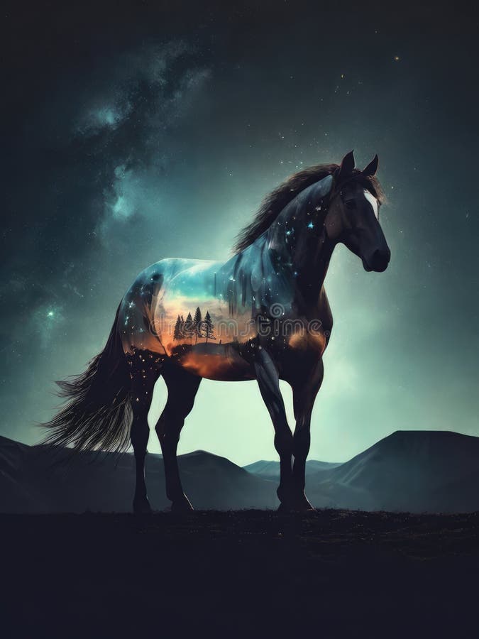 Double Exposure of a Horse Blending with Starry Night Sky Stock ...