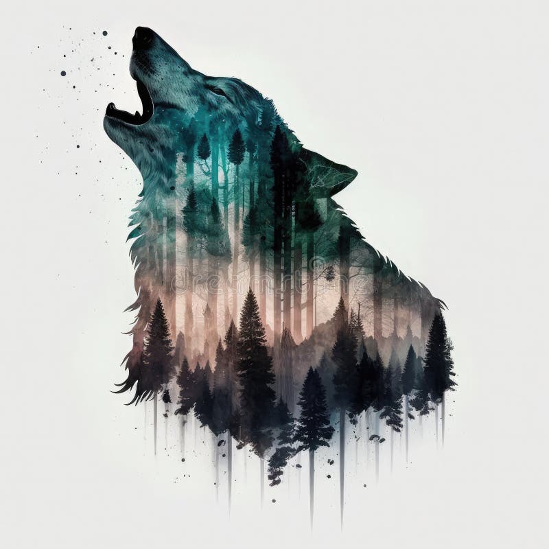 Double Exposure Howling Wolf and a Forest. Stock Image - Image of ...