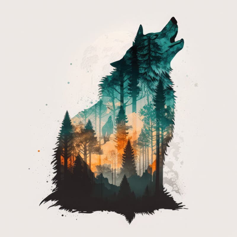 Double Exposure Howling Wolf and a Forest. Stock Photo - Image of ...