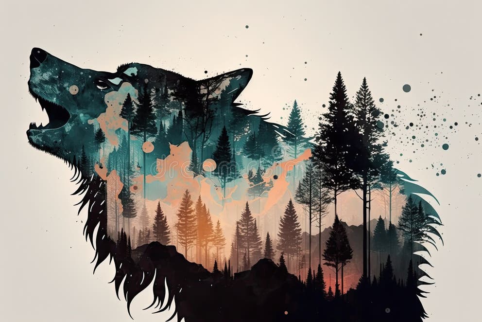 Double Exposure Howling Wolf and a Forest. Stock Image - Image of ...