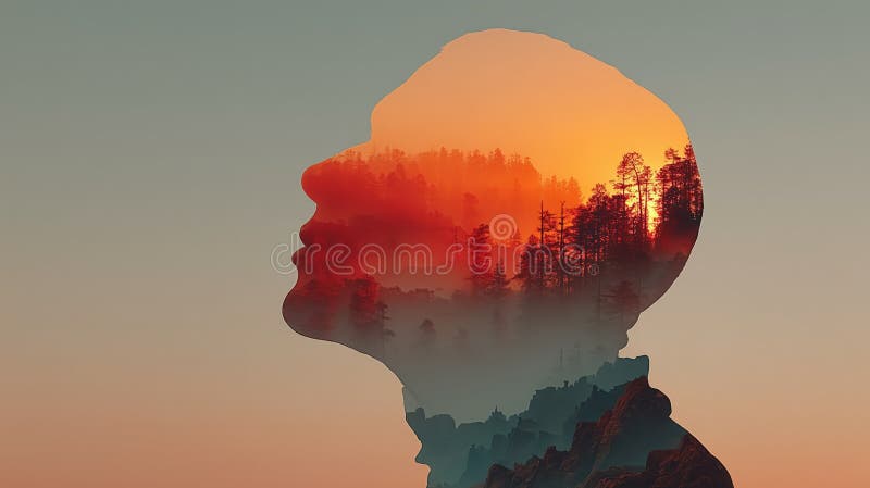 Double Exposure of a Human Head with a Forest and Sunset Stock Photo ...
