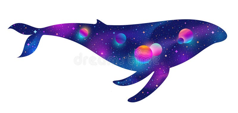 Double Exposure Illustration with Whale and Universe. Whale Sillhouette ...
